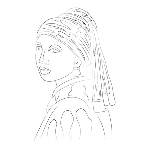 진주 귀걸이를 한 소녀 라인 아트 프리미엄 벡터