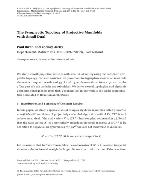 Pdf The Symplectic Topology Of Projective Manifolds With Small Dual