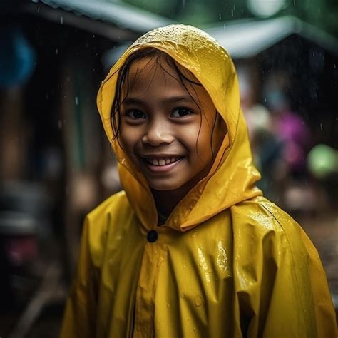 Premium Ai Image A Girl In A Yellow Raincoat Is Smiling And The Rain
