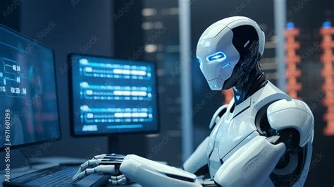 A Robot Works In A Futuristic Office Using A Computer Keyboard And