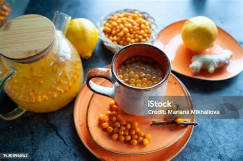 바다 갈매 나무 차 차 열매 및 레몬이 들어간 정물 컵 오렌지 바다 갈매 나무 음료 주스 가을 분위기 0명에 대한 스톡 사진 및 기타 이미지 Istock