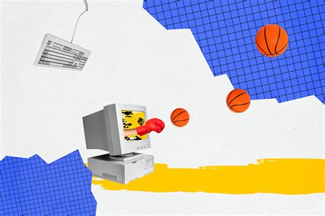 복합 트렌드 아트 워크 스케치 콜라주 사무실 관리자 원격 구식 키보드 컴퓨터 모니터 디스플레이 권투 선수 장갑 킥 바구니 공 0