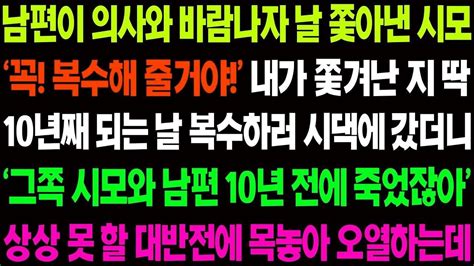 실화사연 남편이 의사와 바람 나자 날 쫓아낸 시모 꼭 복수해 줄거야 쫓겨난 지 10년만에 복수하러 시댁에 갔더니 상상 못