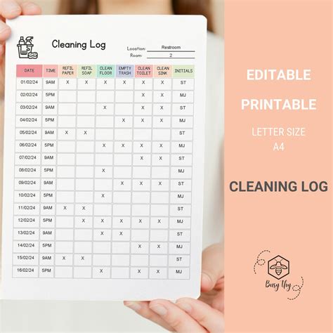 Editable Restroom Cleaning Log Printable Letter A Etsy