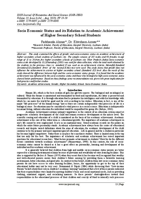 Pdf Socio Economic Status And Its Relation To Academic Achievement Of
