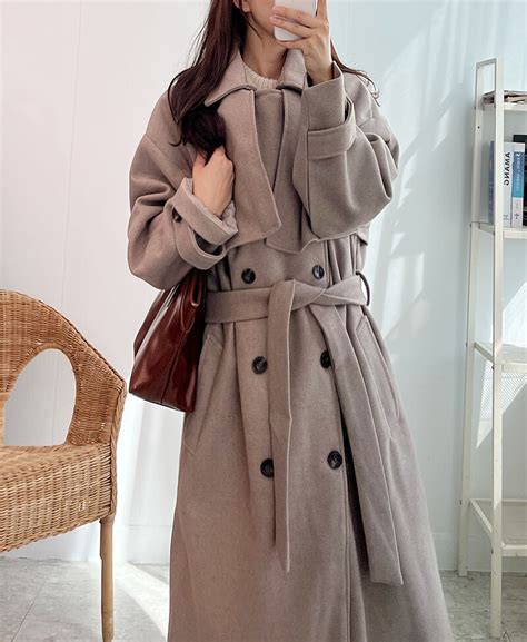 청순한 오버핏 울 누빔 벨트 더블 코트 에이블리