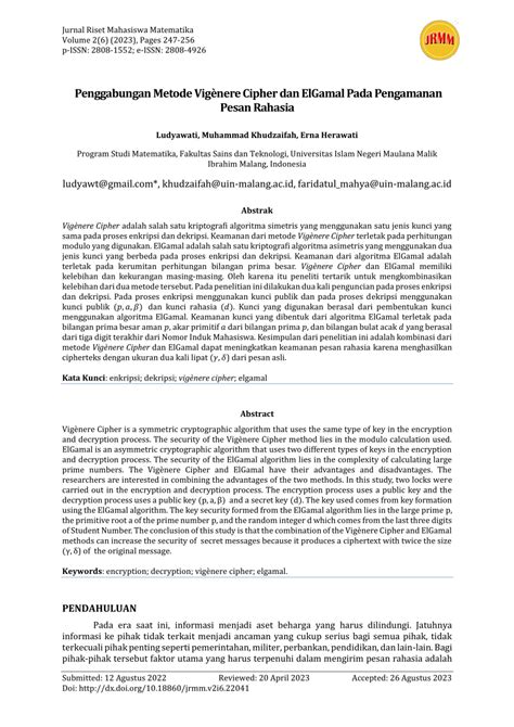 Pdf Penggabungan Metode Vigènere Cipher Dan Elgamal Pada Pengamanan Pesan Rahasia