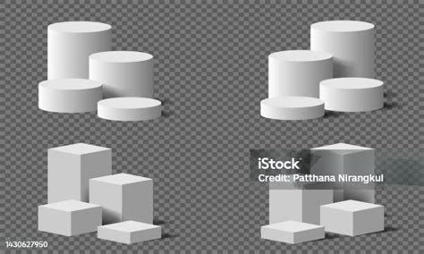 회색 체크 무늬 투명 배경 벡터에 설정된 사실적인 흰색 원 사각형 단계 강단에 대한 스톡 벡터 아트 및 기타 이미지 강단 3차원 형태 개체 그룹 Istock