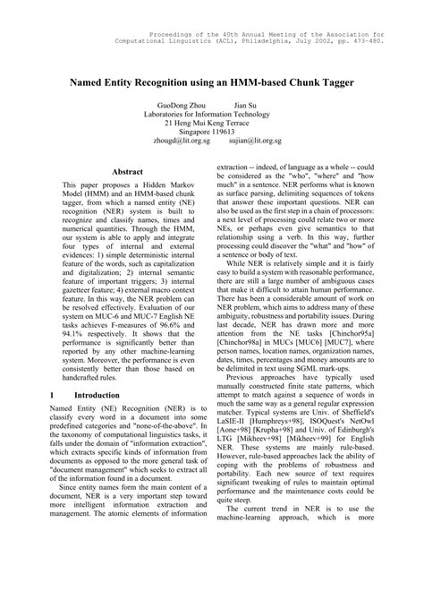 Pdf Named Entity Recognition Using An Hmm Based Chunk Tagger