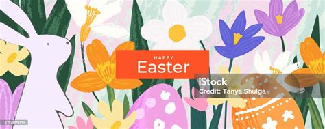 행복한 부활절 인사말 카드 또는 웹 배너 타이포그래피와 트렌디 한 부활절 디자인 봄 꽃 달걀 및 부활절 토끼와 손으로 그린 패턴 현대 미술 스타일 광고 포스터 프로모션