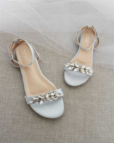 Light Blue Satin Flat Sandal With Butterfly Brooch Bridesmaid Sandals