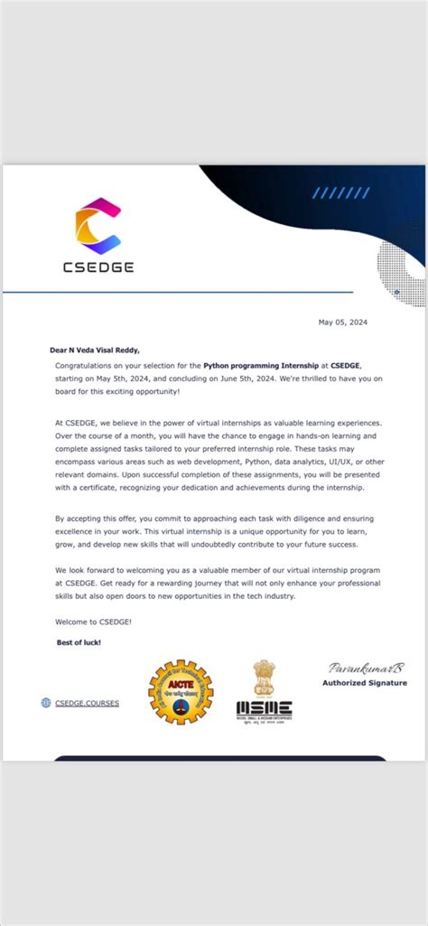 Veda Visal Reddy N On Linkedin Csedge Internship Pythonprogramming