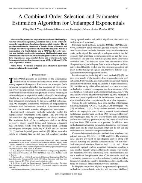 Pdf A Combined Order Selection And Parameter Estimation Algorithm For Undamped Exponentials