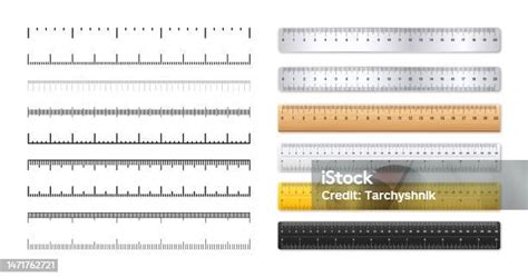 현실적인 금속 및 플라스틱 통치자 측정 척도는 나눗셈으로 표시됩니다 길이 또는 높이를 센티미터 인치 단위로 측정하기위한 스케일 눈금자 줄자 표시 크기 표시기 벡터 그림 0
