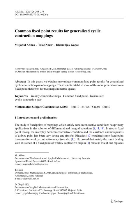 Pdf Common Fixed Point Results For Generalized Cyclic Contraction