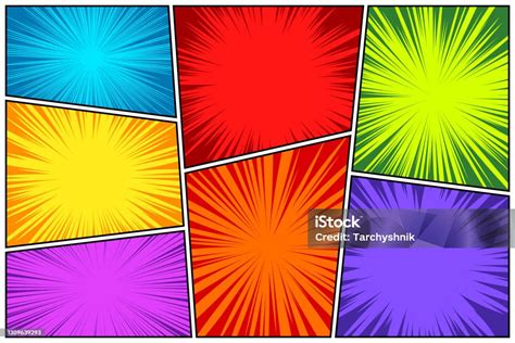 만화 책 다채로운 방사형 라인 컬렉션 모션 속도 라인 만화 배경 복고풍 팝 아트 스타일 벡터 일러스트레이션 드로잉에 대한 스톡 벡터 아트 및 기타 이미지 Istock