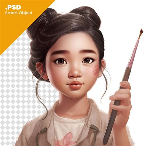 Premium Psd Fashion Portrait Of A Cute Asian Girl With Makeup Brush