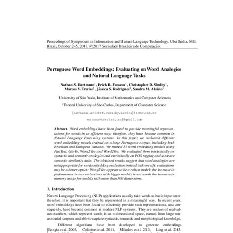 Portuguese Word Embeddings Evaluating On Word Analogies And Natural Language Tasks Acl Anthology