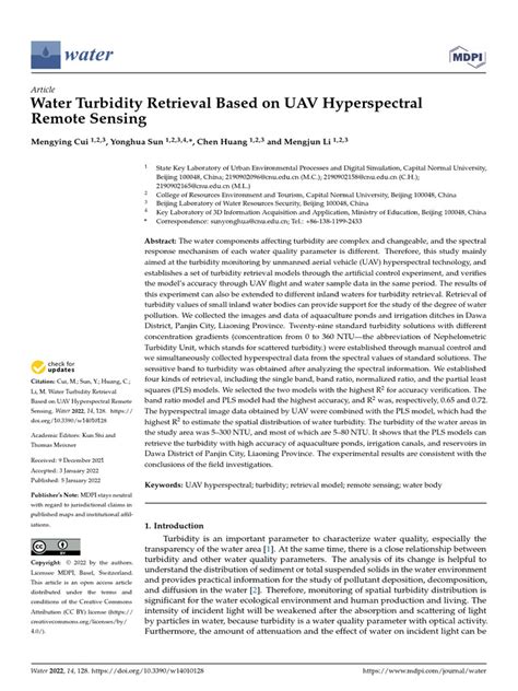 Water Turbidity Retrieval Based On Uav Hyperspectral Remote Sensing Pdf Remote Sensing Water