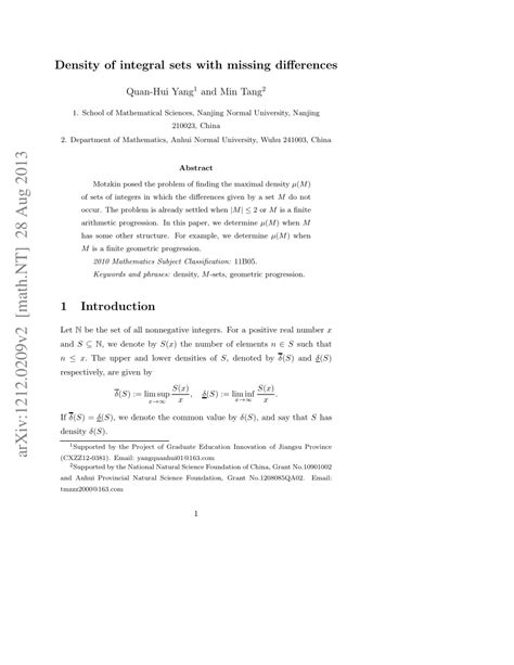 pdf density of integral sets with missing differences