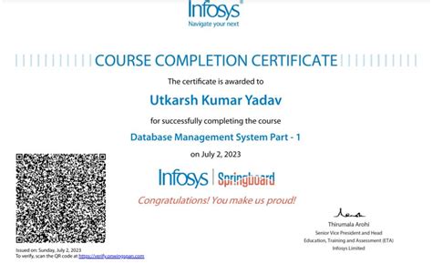 🔍 Excited To Share My Achievement Successfully Completed Infosys Certificate In Database
