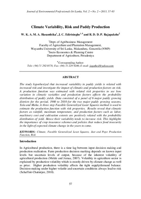 Pdf Climate Variability Risk And Paddy Production