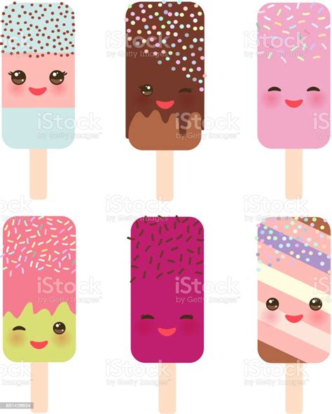 얼음 크림 얼음 롤리 귀여운 분홍색 뺨 및 윙크 눈 흰색 바탕에 파스텔 색상 설정된 벡터 0명에 대한 스톡 벡터 아트 및 기타