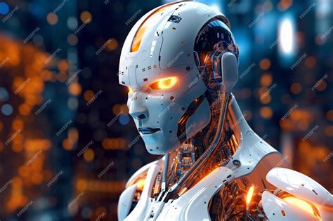 Premium Ai Image A Close Up Of A Robot With Glowing Eyes And A Head Generative Ai