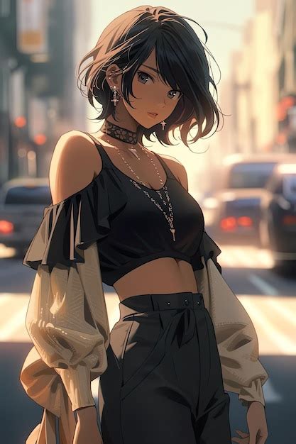 Premium Ai Image Beautiful Cute Anime Young Woman Black Bob Cut Hair