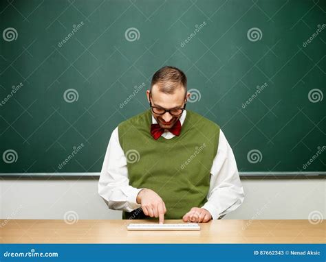 Nerd Pushing The Button Stock Image Image Of Fashioned 87662343