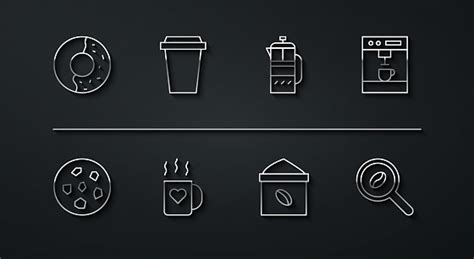 달콤한 유약 쿠키 또는 비스킷 커피 머신 가방 커피 콩 컵과 하트 이동 선택 및 프렌치 프레스 아이콘을 곁들인 라인 도넛을 설정합니다 벡터 아이콘에 대한 스톡 벡터 아트 및