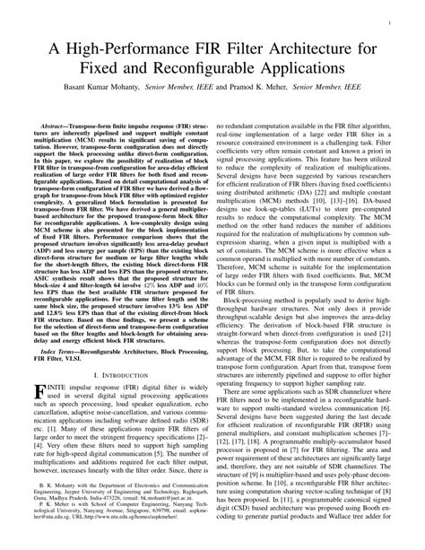 Pdf A High Performance Fir Filter Architecture For Fixed And Reconfigurable Applications