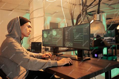 Premium Photo Cybercrime Asian Hacker Coding Computer Worm Program