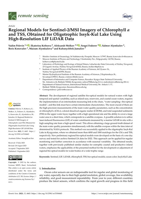 Pdf Regional Models For Sentinel 2msi Imagery Of Chlorophyll A And Tss Obtained For