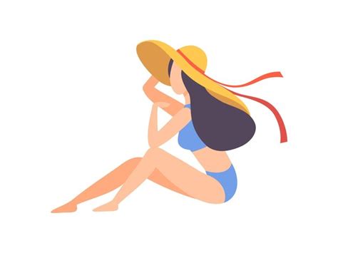 Premium Vector Brunette Girl In Blue Swimsuit And Straw Hat Sitting