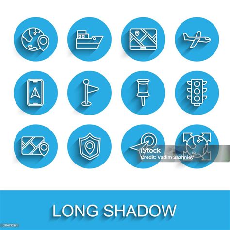 도시 지도 탐색 위치 방패 지구본 나침반 마커 신호등 및 푸시 핀 아이콘이 있는 세계의 라인 인포그래픽을 설정합니다 벡터 교통신호등에 대한 스톡 벡터 아트 및 기타 이미지