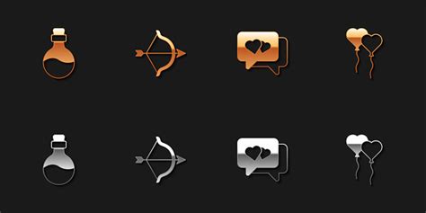 사랑의 묘약 활과 화살 말풍선의 하트 하트 아이콘의 풍선 형태로 병을 설정합니다 벡터 Brand Name Online