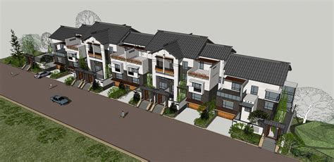 现代中式联排别墅su模型下载 光辉城市