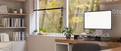 Modern Contemporary Home Office Workspace Interior Design With Computer Mockup On A Table Stock