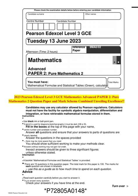 Pearson Edexcel Level GCE Mathematics Advanced PAPER Pure Mathematics Question Paper