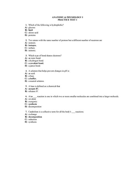 A And P 1 Test 1 Practice Test Answers Anatomy And Physiology I Practice