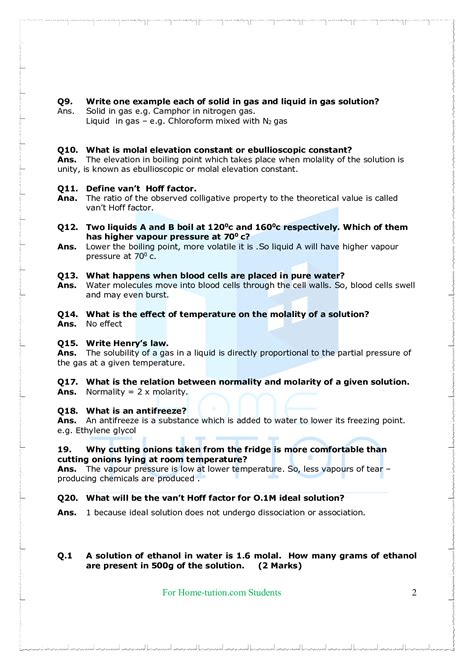 Important Questions For Class 12 Chemistry Chapter 2 Solutions