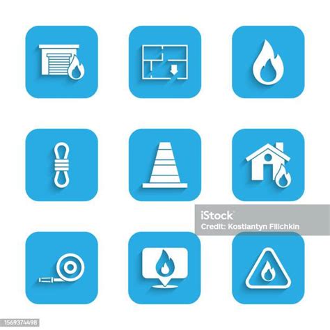 트래픽 콘 화염이 있는 위치 삼각형의 화재 불타는 집 호스 릴 등산가 로프 및 차고 아이콘을 설정합니다 벡터 가연성에 대한 스톡 벡터 아트 및 기타 이미지 Istock