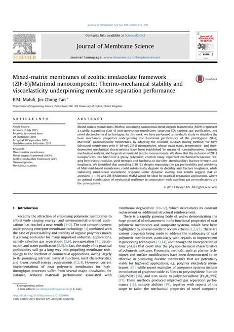 Pdf Mixed Matrix Membranes Of Zeolitic Imidazolate Framework Zif 8 Matrimid Nanocomposite
