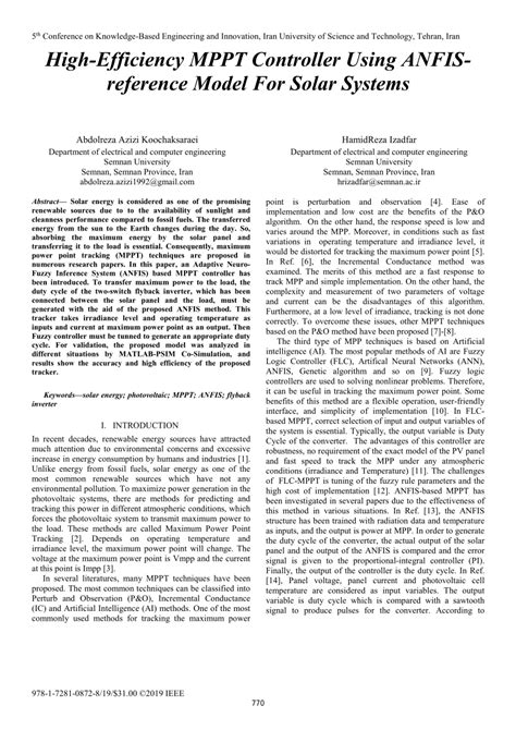 pdf high efficiency mppt controller using anfis reference model for