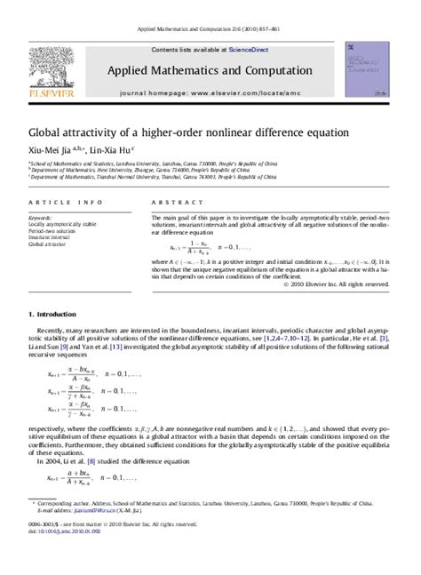 Pdf Global Attractivity For A Class Of Higher Order Nonlinear Difference Equations