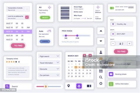 모바일 앱 예약을 위해 설정된 사용자 인터페이스 요소입니다 Hud 다이어그램 항공권 탑승권 양식 달력 여행 정보가 포함된 키트 템플릿입니다 Ui Ux Gui 화면 팩 벡터