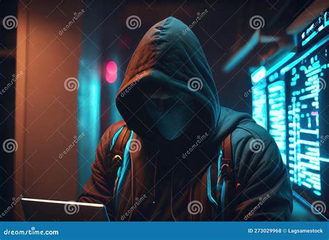 Hacker In The Black Hood In The Server Room Unrecognizable People