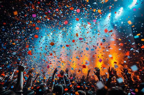 Excited Concert Crowd Celebrates With Confetti In The Air Stock