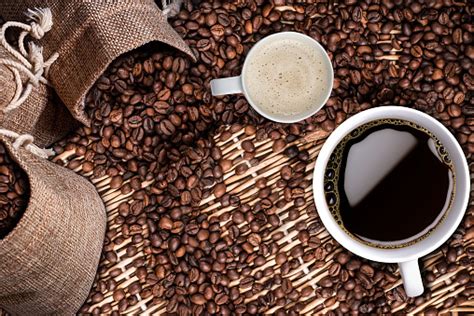 커피 배경 복사 공간 평면도입니다 커피와 우유의 흰색 컵입니다 커피 원두 커피 커피 콩 대나무 배경에 흰색 컵 0명에 대한 스톡 사진 및 기타 이미지 Istock